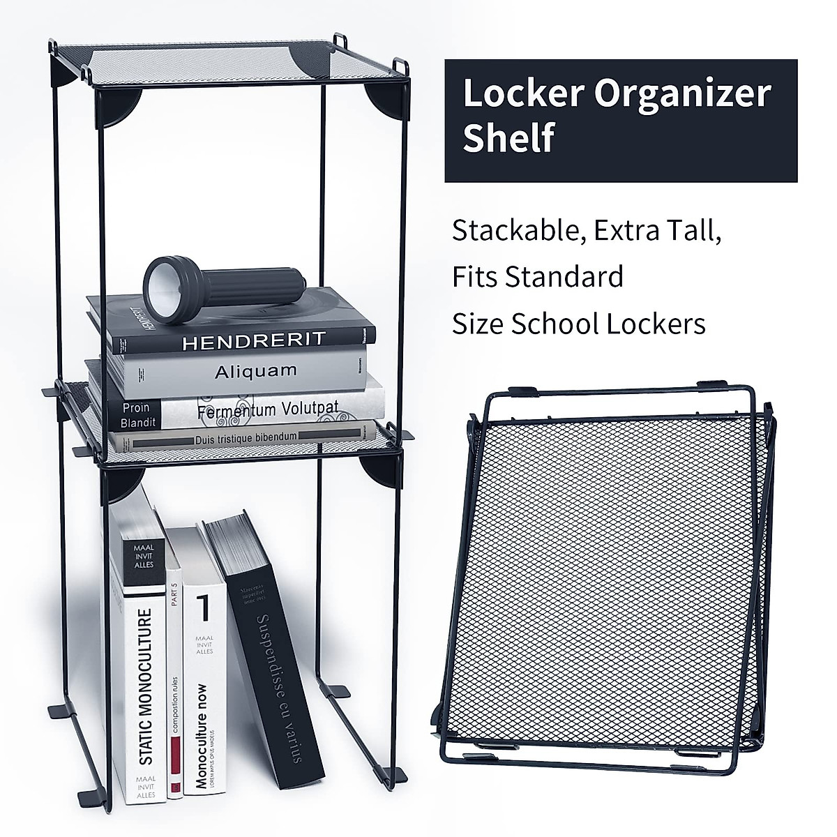 Neudeco Pack 2, Mesh Locker Shelf, Stackable Extra Tall Locker Organizer, Collapsible and Metal Build, Fits Standard Size School Locker, Suitable for Work, Kitchen, Bathroom (Grey)