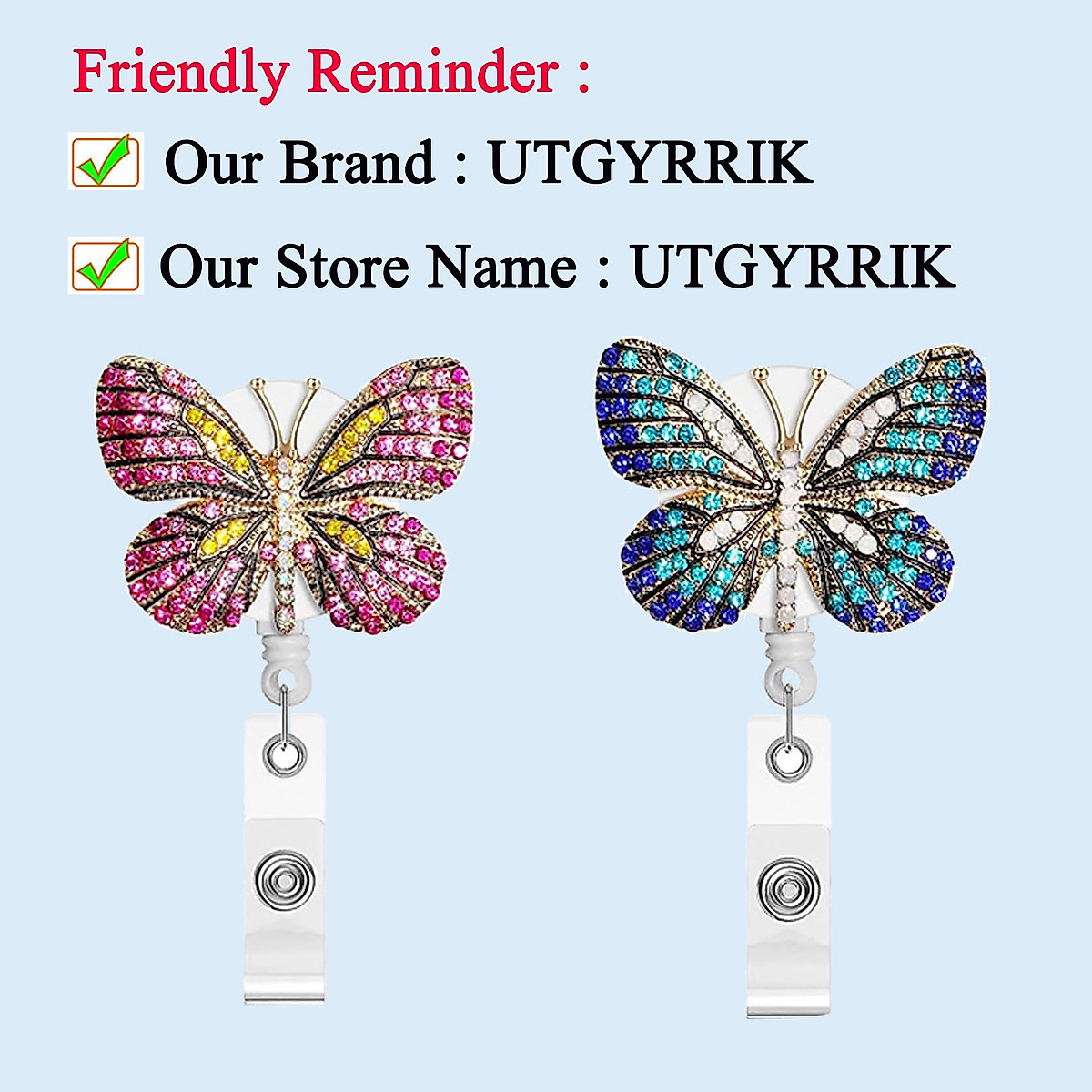 Rhinestones Retractable Badge Reel, Bling Diamond Nurse Badge Holder Reels with Swivel Alligator Clip for Teachers Students Volunteers Employees (2 Pack Crystal Blue and Pink Butterfly)