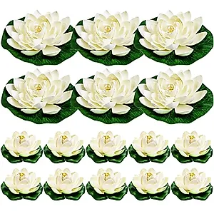 16Pcs Artificial Floating Pool Flowers, Ivory White Plastic Lotus Flower with Water Lily Pads, Pond Pool Lotus Ornaments for Patio Garden Aquarium Home Party Wedding Decor