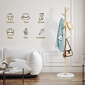 ZOZOE Coat Rack, Metal Coat Rack Freestanding Satin Steel with Heavy Stable Marble Base, Gold Coat Rack Stand 67’’ with 8 Hooks for Hanging Clothes, Bags, Hats, Accessories