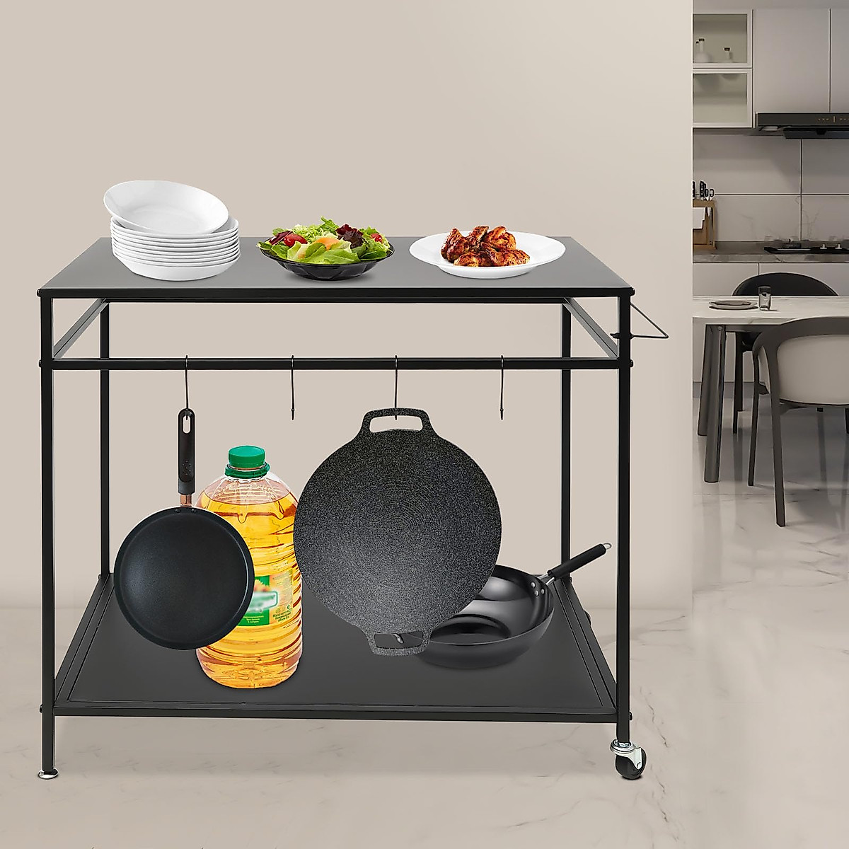 CNCEST Outdoor Grill Cart, Double-Shelf Movable Cooking Table, Outdoor Dining Cart with Storage and Spice Rack, Movable Kitchen Cart on Wheels,Kitchen BBQ Food Prep Table for Grill -Black