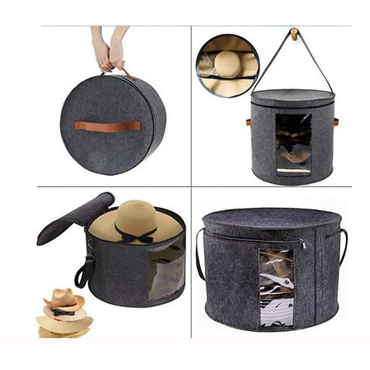 Hat Storage Box With Dust Lid, Felt Round Foldable Hat organizer Family Travel Storage Box (M)