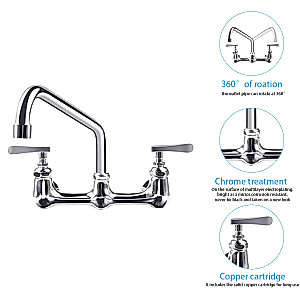 KWODE 8 Inch Center Commercial Sink Faucet with 10” Swivel Spout, Commercial Wall Mount Kitchen Faucet for Kitchen Sink 2-Handle 1 or 2 Compartment Prep & Utility Wall Mount Faucet Chrome Finish