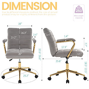 MFD LIVING Velvet Home Office Desk Chair, Upholstered Adjustable Swivel Task Chair with Wheels, Tufted Mid-Back Computer Chair with Arms, for Study Living Room Vanity (Grey, Gold Base)