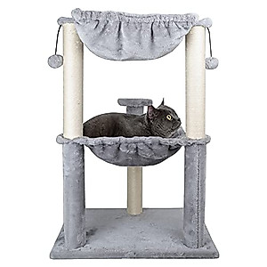 Dimaka Cat Tree Tower with 2 Big Soft Spacious Top Hammocks for Indoor Cats,Multi-Level Cat Furniture with 3 Dangling Balls for Adult Cats,Gray(33.5" Tall)