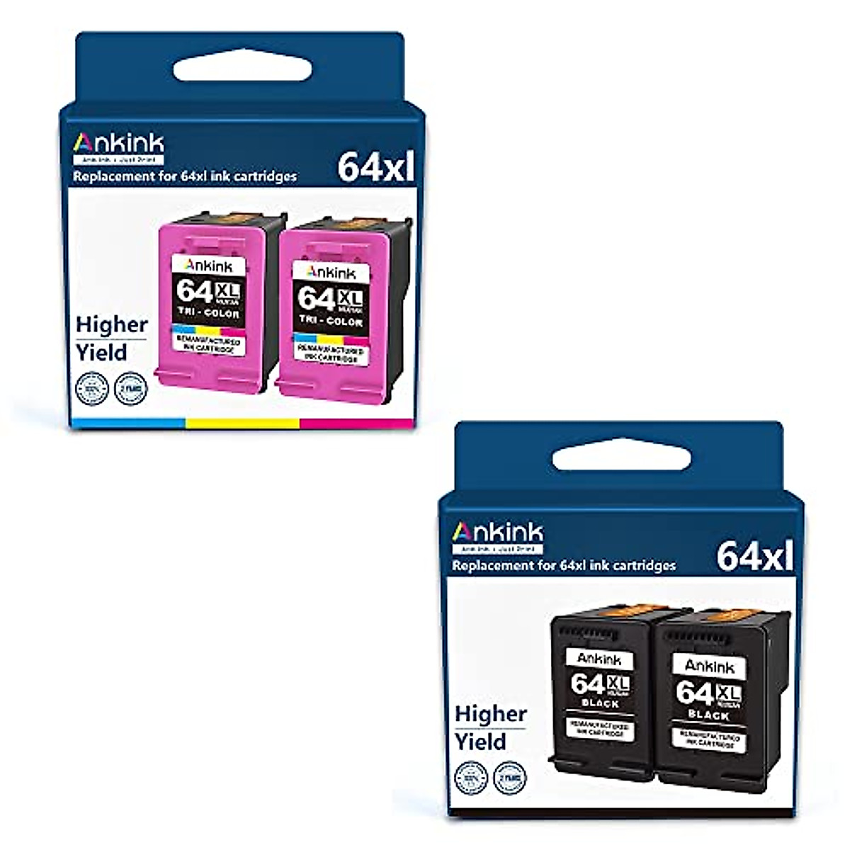 Ankink Higher Yield 64XL 2 Black 2 Color Combo | XLarge Replacement for HP 64xl Ink Cartridges | HP 64 XL Fit for Envy Photo 6255 6400 7100 7155 7164 7800 7855 7858 Tango X Printer HP64 HP64XL 4 Pack