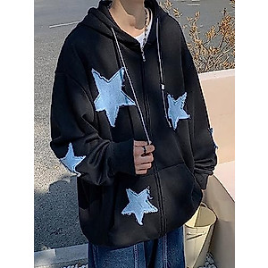 CEINOM Men's Star Patch Zip Up Hoodie for Men Women Graphic Hoodies Oversized Y2k Sweatshirt Jacket E-Girl 90s Streetwear (Black,S,Small)