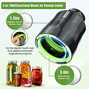 Electric Mason Jar Vacuum Sealer Kit, Jar Vacuum Sealer for Canning Jars - 3 in 1 Vacuum Sealer Compatible with Wide & Regular Mason Jars/Vacuum Bags/Seal Containers for Food Storage (Black)