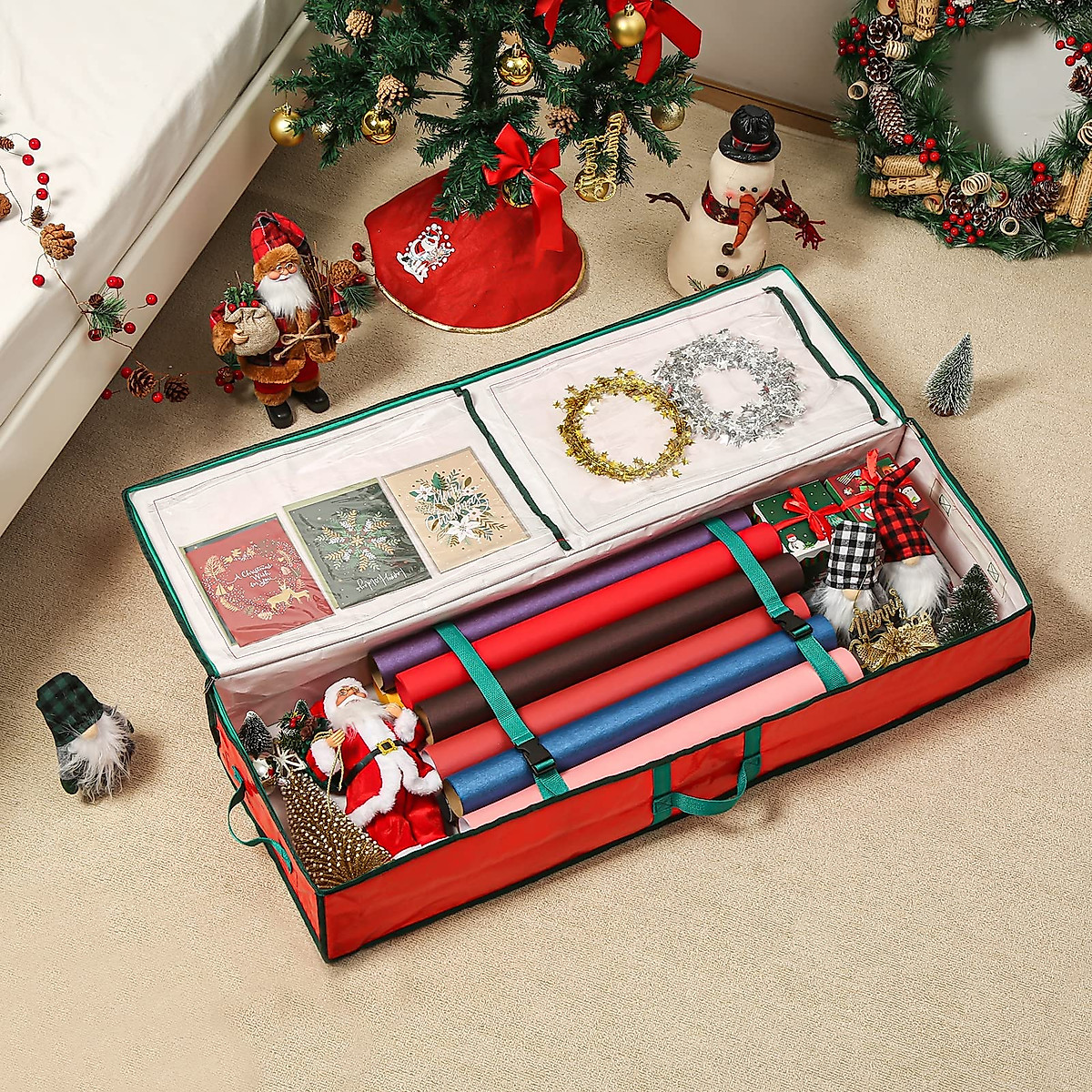 Phedrew Wrapping Paper Storage Bag Container – Fits up to 40" Rolls - Underbed Gift Wrap Organizer Soft Storage Bag for Wrapping Paper Rolls, Ribbon, and Bows, Red