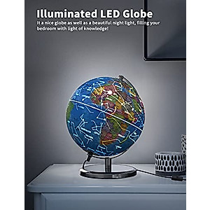Waldauge Illuminated World Globe with Stand, 9" Earth Globes with Stable Heavy Metal Base for Kids Classroom Learning, LED Constellation Globe Night Light with HD Printed Map