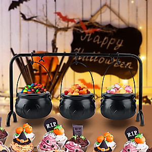 HOMSHIAM Halloween Decorations,Set of 3 Witches Cauldron Serving Bowls on Rack with Shelf and String Lights -Black Plastic Candy Bucket Cauldron for Halloween Decor Indoor Outdoor Home Kitchen