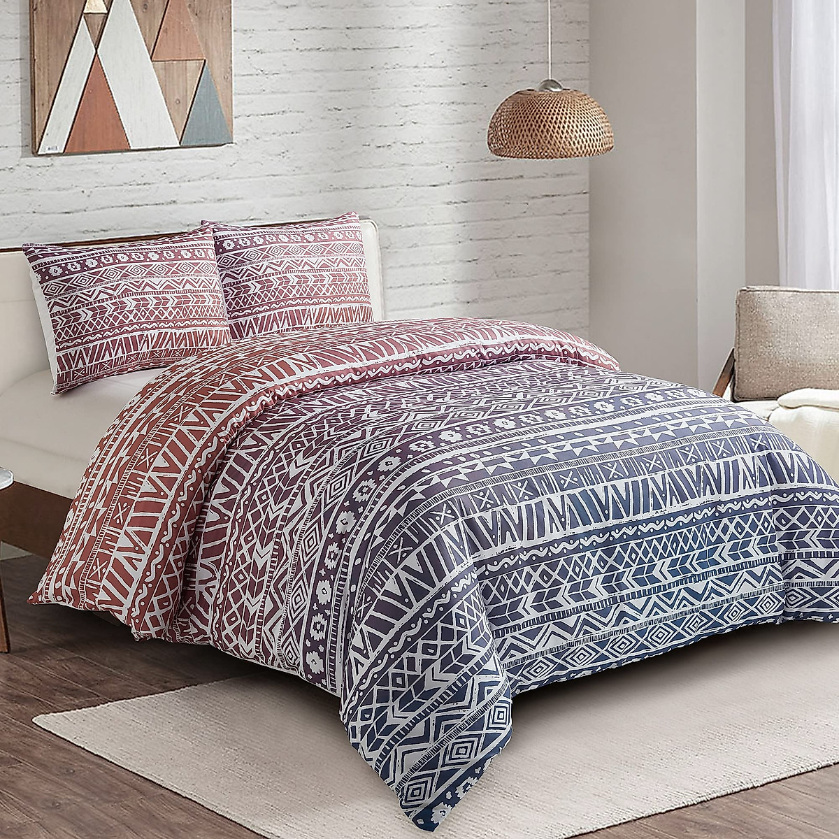 Style Quarters 3PCS Boho Duvet Cover Queen Pink and Blue Includes 1 Duvet Cover + 2 Shams Gradient Boho Duvet Cover