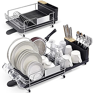 TOOLF Dish Drying Rack, Expandable Stainless Steel Dish Rack with Drainboard Set Kitchen Sink Organizer for Counter, Large Capacity Kitchen Accessories with 360° Swivel Spout