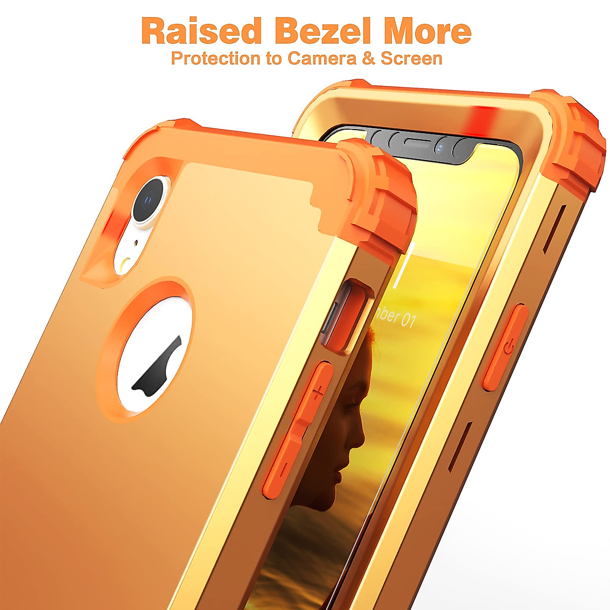 IDweel for iPhone XR Case, Case for iPhone XR Case with Screen Protector,3 in 1 Shockproof Slim Fit Hybrid Heavy Duty Hard PC Cover Soft Silicone Bumper Full Body Case,Sundial Yellow/Orange