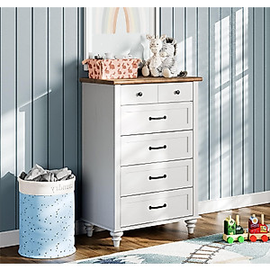 WAMPAT Tall Dressers for Bedroom with 5 Drawers, Kids Dresser Nursery Dresser Organizer with Wide Chest of Drawers, Mid Century Modern Wooden Closet for Living Room, Kids Room, Hallway, White