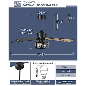 YOUKAIN Farmhouse Ceiling Fans, 48 Inch Industrial Ceiling Fan with Light and Remote Control, Clear Glass, 5-Reversible Blades with Matte Black/Wooden Finish, 52-YJ632