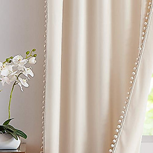 Pom-Pom Cream Velvet Curtain 84inches Long Window Drapes for Living Room Cotton Feel Soft Ivory Window Curtains for Bedroom Hotel Guest Room 42" W 2Panels