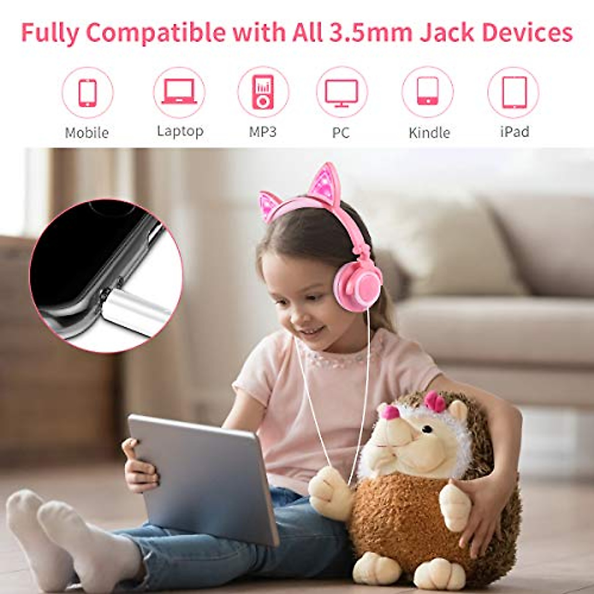 esonstyle Cat Ear Headphones for Kids, Wired Kids Headphones with LED Light Up, 85dB Volume Limited, Foldable 3.5mm Jack Headphones for School/Travel/iPad/Tablet (Peach)