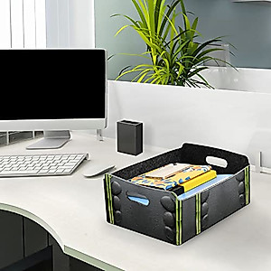 Poeticcity Black Zen Basalt Stones with Dew Green Bamboo on Dark Collapsible Felt Cloth Storage Box, Rectangular Desk Organizer Basket Bin, Detachable Laundry Hamper Plate Counter Holder Box