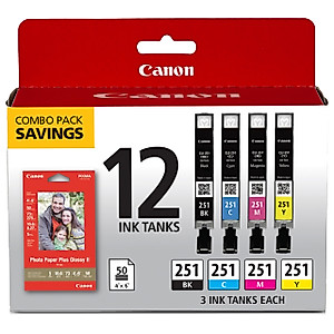 Canon CLI-251 BK/C/M/Y 12 Color Combo Pack Compatible to MG7520, MG5620, MG6620