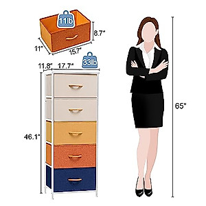 Crestlive Products Vertical Dresser Storage Tower - Sturdy Steel Frame, Wood Top, Easy Pull Fabric Bins, Wood Handles - Organizer Unit for Bedroom, Hallway, Entryway, Closets - 5 Drawers (Brown)