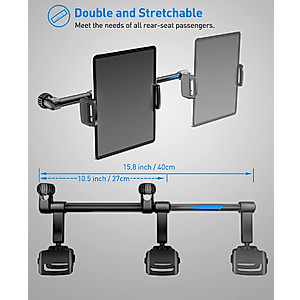 Car Headrest Tablet Mount Holder: Double Cradles Backseat Stand with Extension Arm for Kids Compatible Phone | iPad Pro Air Mini | Galaxy Tabs | Kindle Fire HD | Switch Lite & Other 4.7-12.9" Device