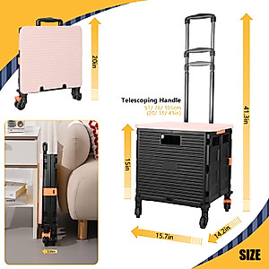 SELORSS Foldable Utility Cart Rolling Crate Handcart 110lbs Large Capacity Shopping Cart with 360°Rotate Noiseless Wheels & Telescoping Handle for Transports Groceries Office School Use（Pink）