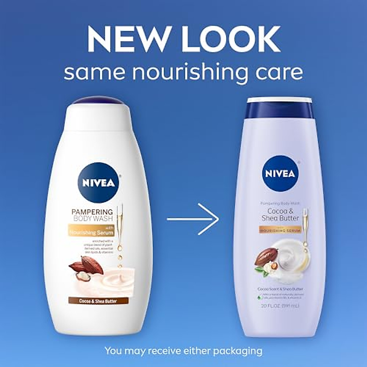 NIVEA Pampering Cocoa and Shea Butter Body Wash with Nourishing Serum, Moisturizing Body Wash for Women, Enriched with Provitamin B5 and Vitamin E, 20 Fl Oz Bottle