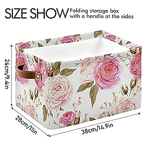 AGONA Spring Pink Rose Floral Flower Foldable Storage Bin Large Collapsible Fabric Storage Box Organizer Containers Baskets with Leather Handles for Shelves Home Bedroom Organizer Nursery Office 2 Pac