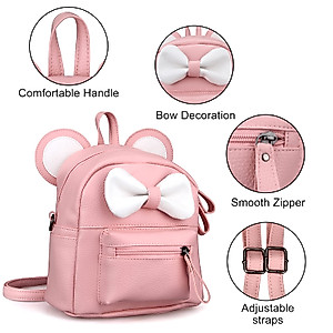 Dksyee Pink Small Cute Backpacks for Girls Bowknot Leather Cartoon Mouse Ears Mini Travel Backpack Convertible Shoulder Daypack…
