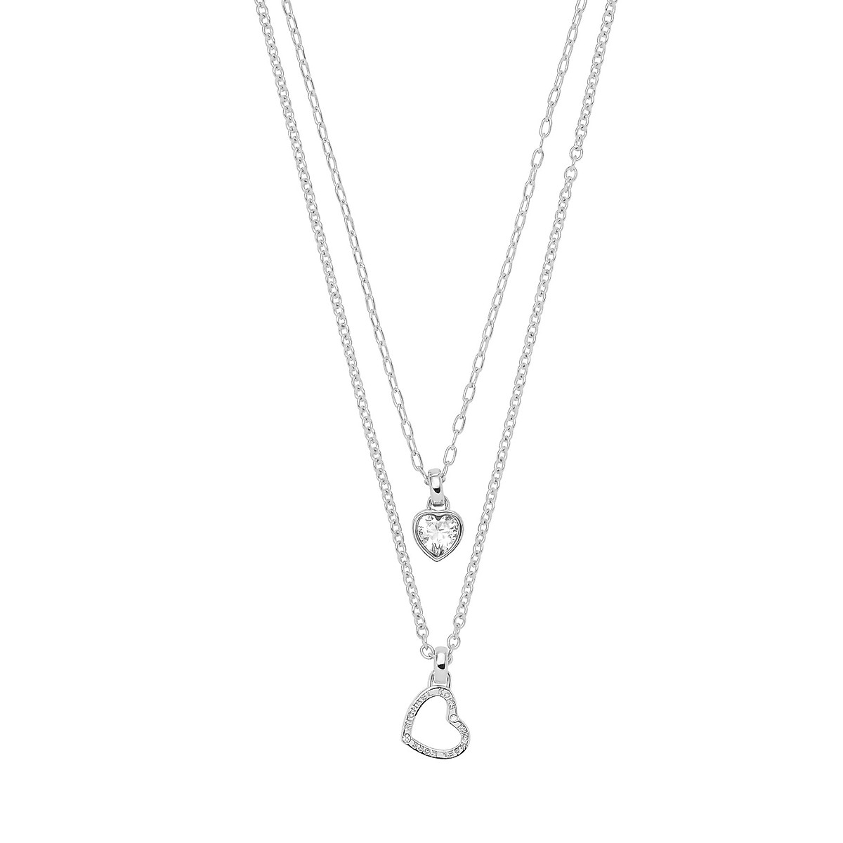 Michael Kors Brass and Cubic Zirconia Layered Heart Necklace for Women, Color: Silver (Model: MKJ7802040)
