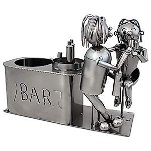 BRUBAKER Wine Bottle Holder 'Couple in Bar' - Table Top Metal Sculpture - with Greeting Card