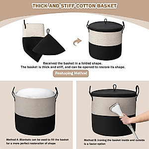 Echueuey 115L Extra Large storage basket with lid, blanket basket with lid for living room,extra large laundry basket,large round basket with lid,wicker basket with lid,Black 21" x 21" x 18"