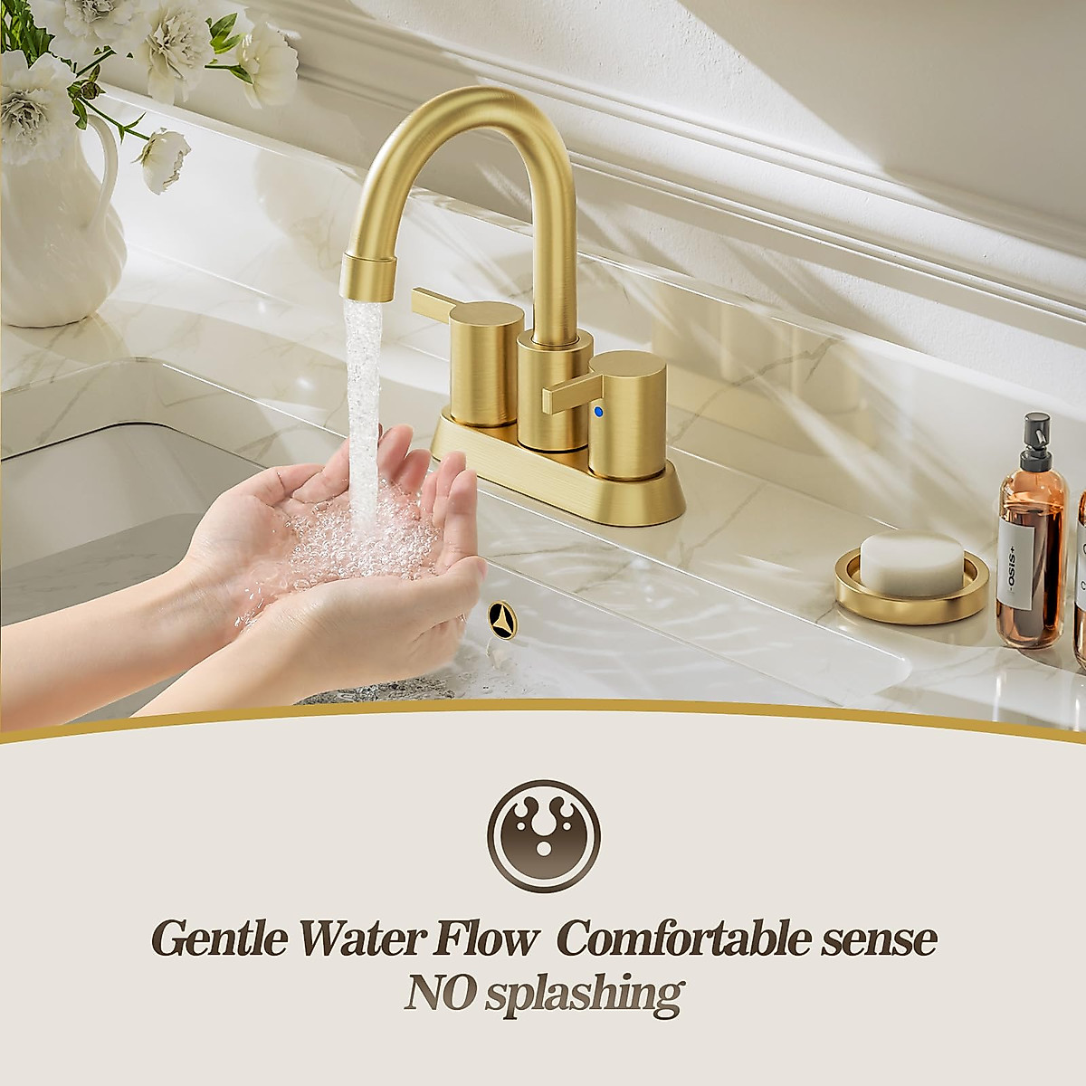 Brushed Gold 4 Inch 2 Handle Centerset Lead-Free Bathroom Faucet, Swivel Spout with Copper Pop Up Drain and 2 Water Supply Lines, BF015-1-BG