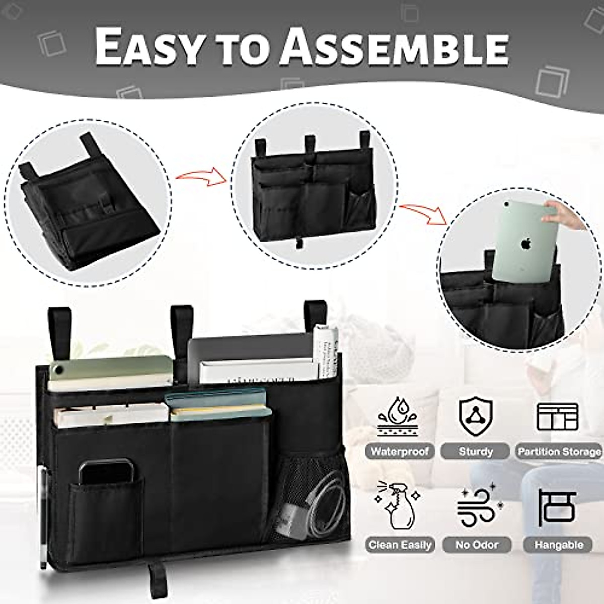 hizgo Bedside Caddy, Hanging Bedside Storage Organizer with 8 Pockets, Bunk Bed Organizer for College Dorm Room, Bunk/Loft Bed, Hospital Bed Rail, Camp (Black)