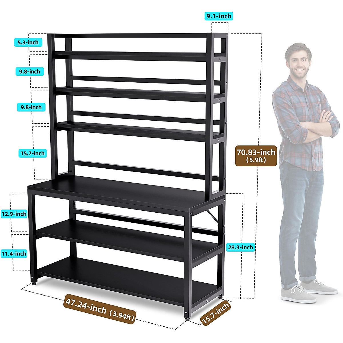 Aquzee Large Bakers Rack for Kitchens, 47in Wide (47.2“W x 15.7”D x 70.8" H) 6 Tiers Kitchen Stand with Hutch & Storage, Black Freestanding Tall Bakers Racks Organizer with Shelves