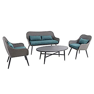 Royal Garden Patio Set - 4 Piece Patio Set - Deep Seating Wicker Outdoor Patio Set - Waikiki Collection - Conversation Set Patio Furniture - Grey/Teal