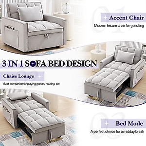 Sleeper Sofa Chair Bed, Convertible Velvet Single Pull Out Sofa Chair, Modern Tufted Living Room Reading Chair with Adjustable Backrest/Pillow for Small Spaces, Apartment, Office, Grey