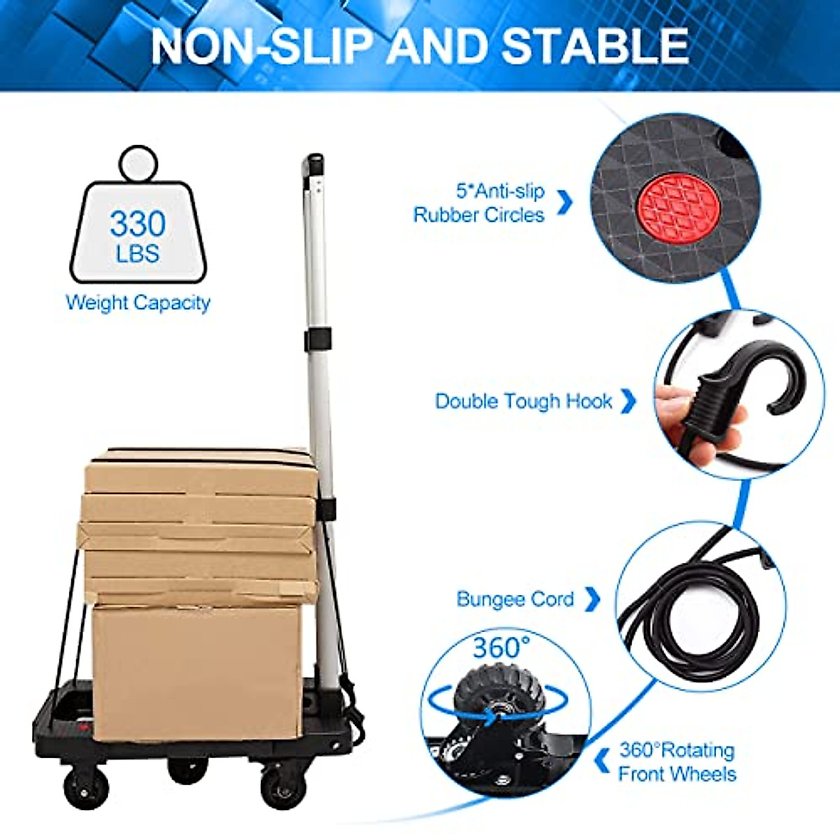 Folding Hand Truck, 330 Lbs Foldable Hand Truck Dolly Cart Heavy Duty Collapsible Trolley Portable Platform Luggage Cart with 5 Wheels & 2 Elastic Ropes for Moving, Shopping, Travel, Home, Office Use