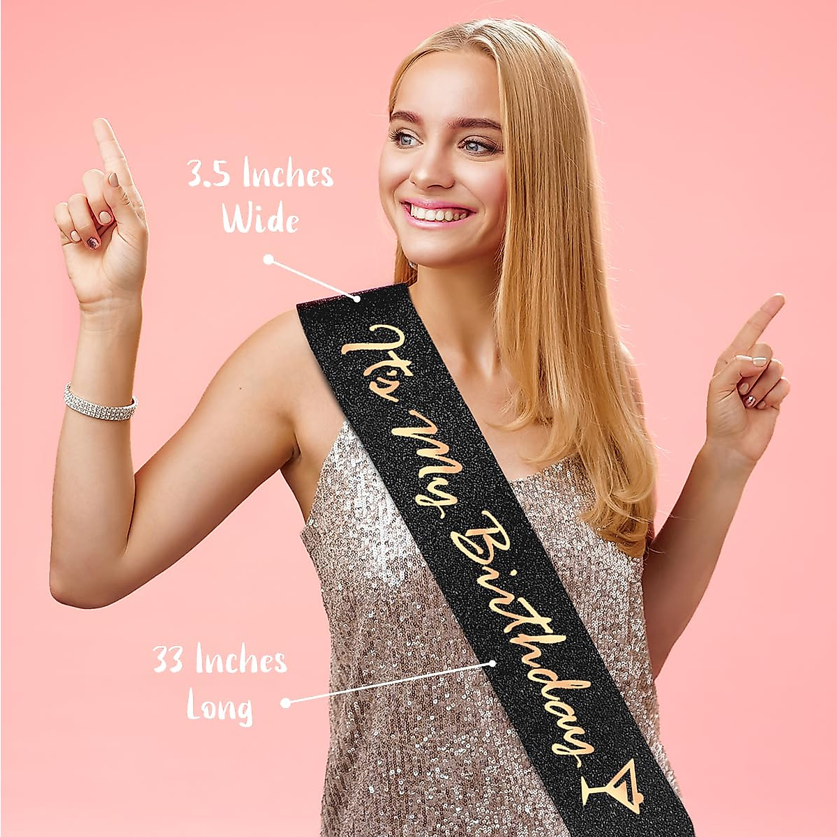 PartyForever Birthday Decoration Sash for Women Black 32 inch Long Sash with Rose Gold "It's My Birthday" Letters for 21st, 30th, 40th, 50th or 60th Birthday