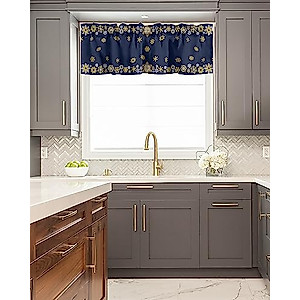 Christmas Day Kitchen Curtain Valance for Window Winter Geometric Snowflake 60x18In Rod Pocket Valances Short Curtains Window Treatment for Living Room Bathroom Bedroom Cafe Decor Gold White on Blue