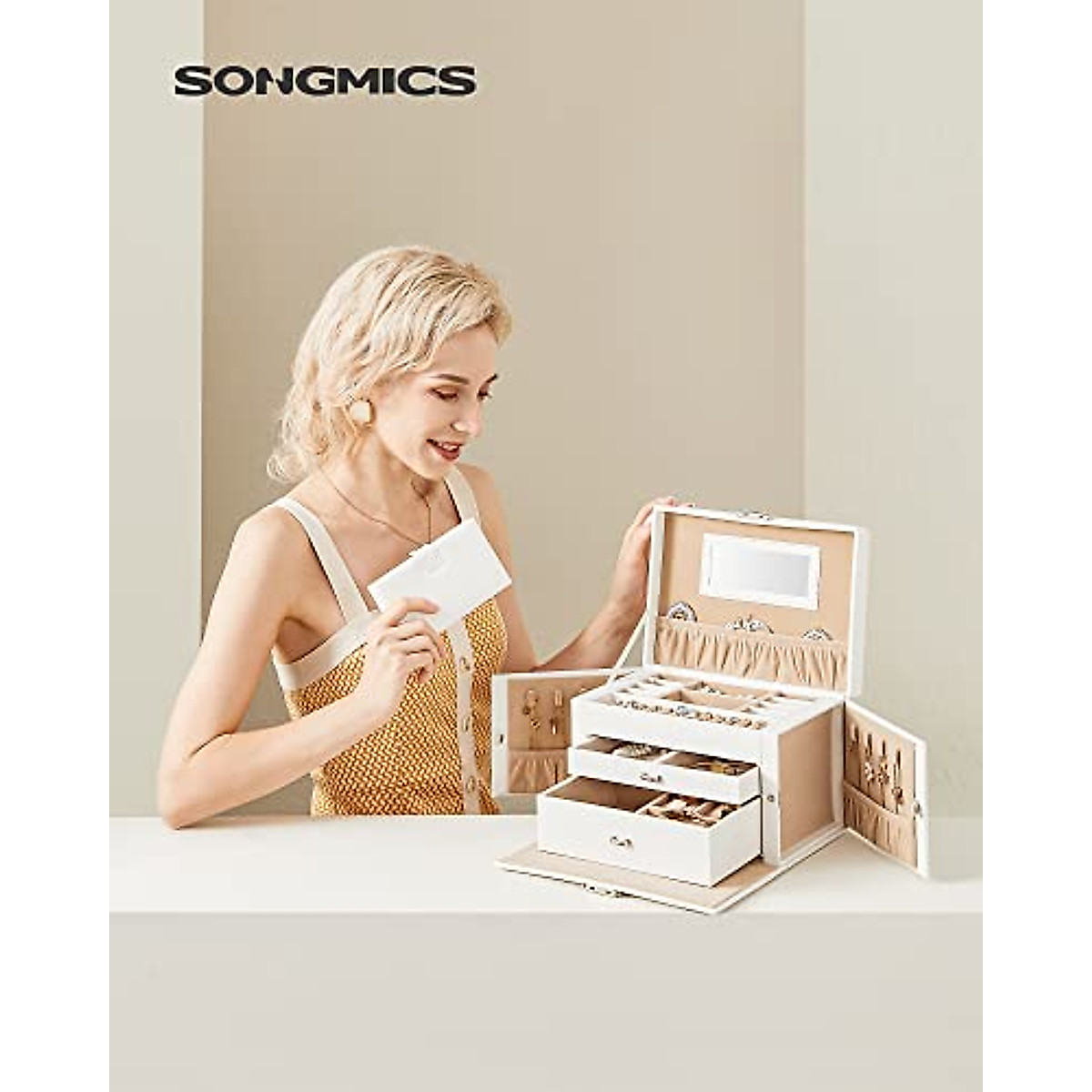 SONGMICS Jewelry Box 3 Layers, Jewelry Organizer with 2 Drawers, Jewelry Case with Portable Travel Case, with Handle, Lockable, Jewelry Storage, Gift for Loved ones, White UJBC121W