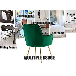 Altrobene Modern Accent Dinging Chair, Velvet Home Office Desk Chair No Wheels, Living Room Bedroom Arm Chair with Golden Finished Metal Legs, Green