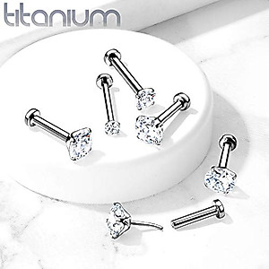 Amelia Fashion Implant Grade Titanium Threadless Push in Labret, Flat Back Studs with CZ Prong Set Top for Cartilage, Monroe, Nose and More (Choose Size) (18GA (1mm) L.1/4" (6mm) BALL: 3mm)