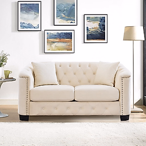 BUIORD 59" Modern Velvet Loveseat Chesterfield Sofa for Living Room,2-Seater Sofa,Upholstered Tufted Backrests with Nailhead Arms and 2 Cushions for Bedroom-Beige