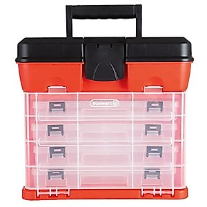 Storage Tool Box - Portable Multipurpose Organizer With Main Top Compartment and 4 Removable Multi-Compartment Trays by Stalwart,Red,11 in x 7 in x 10 in