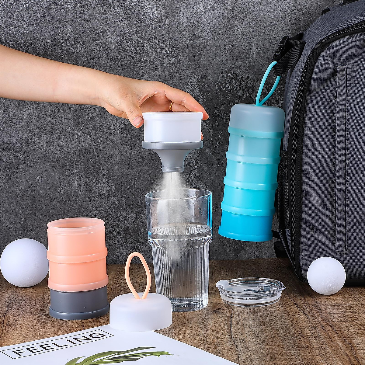 2 Pcs Protein Powder Container, 4 Stackable Leakproof Protein Powder Dispenser, Portable Keychain Protein Powder Container for Workout, Fitness, Travel (Pink, Blue)