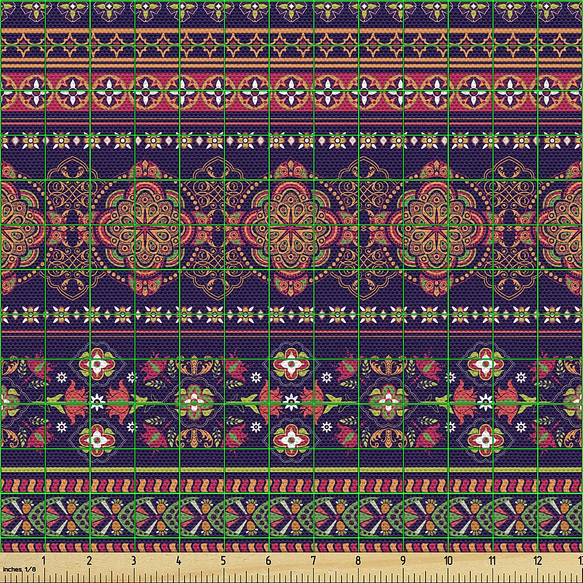 Lunarable Paisley Fabric by The Yard, Floral Pattern in Border Design of Flowers Geometrical Shapes and Lines Print, Decorative Fabric for Upholstery and Home Accents, 3 Yards, Indigo