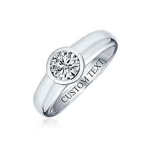 Personalize Modern Simple Minimalist 1CT Cubic Zirconia AAA CZ Bezel Set Round Solitaire Promise Engagement Ring For Women .925 Sterling Silver Plain Band Customizable