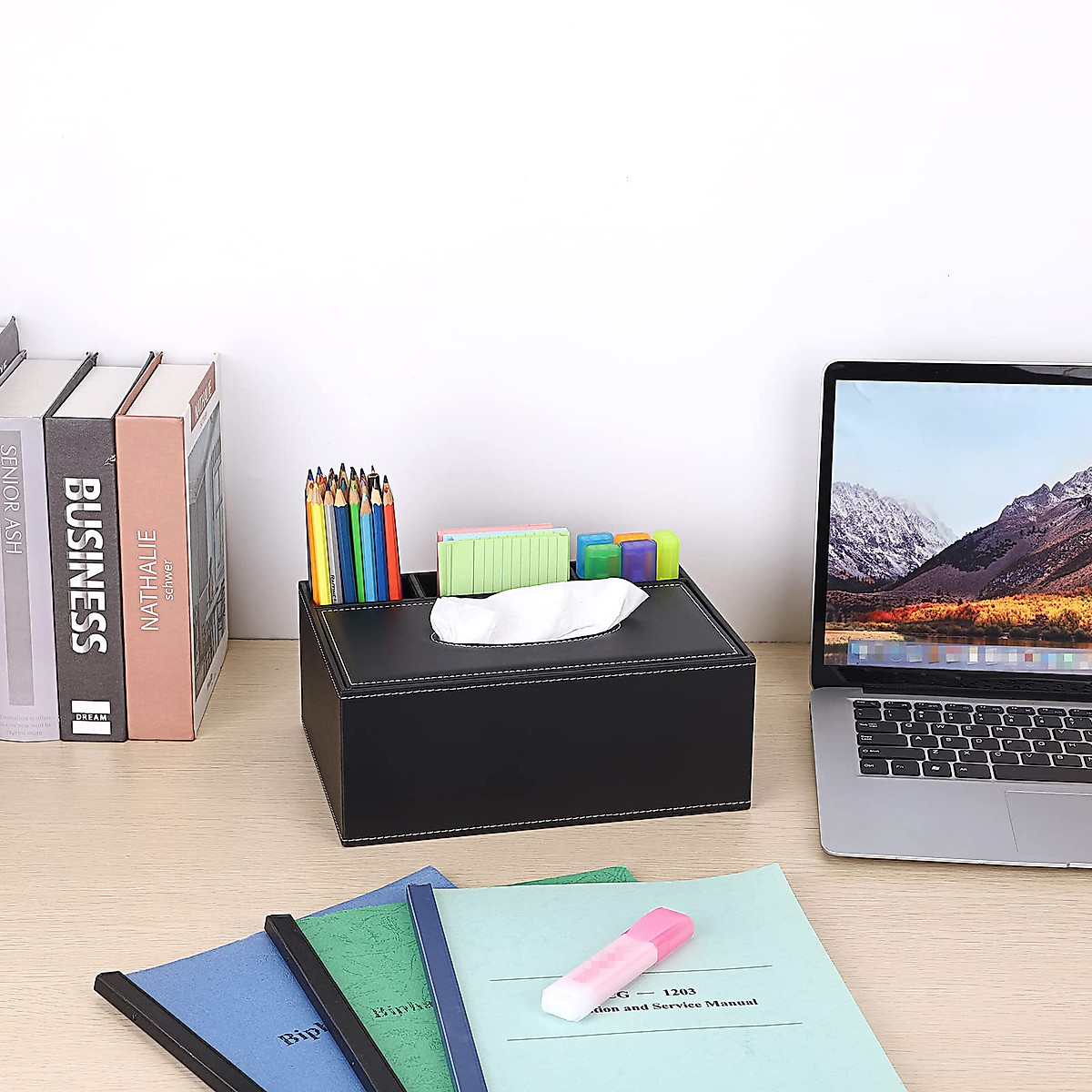 Sumnacon PU Leather Rectangular Tissue Box Cover - Multifunctional Tissue Box Holder with Stationery Remote Control Box, Decorative Tissue Pen Remote Organizer for Home/Office/Car/Restaurant, Black